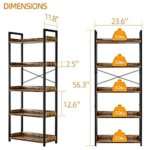 APPOLYN 5 Tier Bookshelf with 2 Hooks, Tall Bookcase, Modern Book Shelves Organizer, Bookshelves for Bedroom, Living Room and Home Office, Vintage