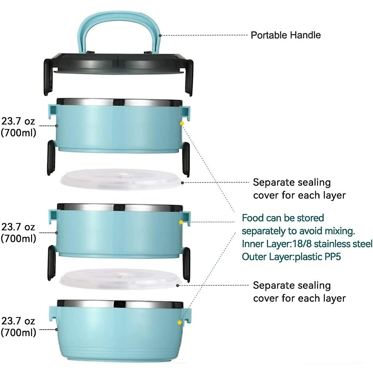 ArderLive Bento Lunch Box, Stackable Themral Insulated Lunch Container, Stainless Steel Leakproof Bento Box with Denim Lunch Bag & Cutlery for Adults(3 Layer,Blue)