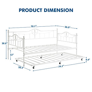 GAOMON Twin Day Bed with Trundle Bed Twin, Metal Daybed with Trundle, Daybed with Trundle Bed Frame, Steel Slat Support Sofa Bed for Kids Teens Adults, No Box Spring Needed, White