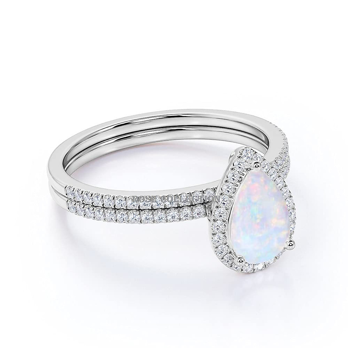 Rosie Collection Pear Shaped Halo Engagement Promise Wedding Bridal Anniversary 925 Sterling Silver Ring Band Set Created-Opal 9
