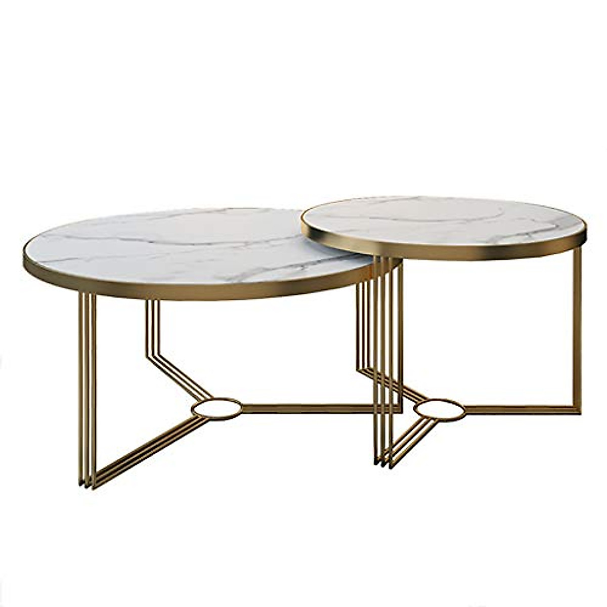 2 Piece Round Nested Coffee Table, Artificial Marble Tabletop Metal Frame Coffee Table for Living Room, Small Side Coffee Table