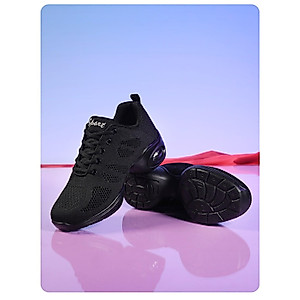 Women's Breathable Air Cushion Jazz Dance Shoes Lace Up Mesh Sneakers - Split Sole Athletic Walking Dance Thick Sole (Black,8.5)