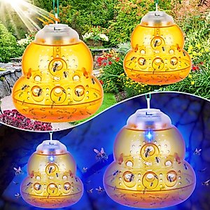 Solar Wasp Trap Outdoor Hanging, New Upgrade LED Blue Light Bee Traps Catcher, Wasp Insect Killer, Solar Panel Non-Toxic Reusable Hornet Yellow Jacket Trap - Orange, 2 Pack