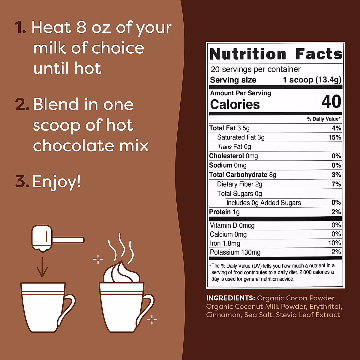 FlavCity Keto Hot Chocolate Powder, Original – Dairy-Free & Sugar-Free Organic Cocoa Powder Drink Mix – High-Fiber, Low-Carb & Gluten-Free Prebiotic - Vegan & Non-GMO (9.4 Oz)