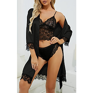 LYANER Women's 4pcs Sleepwear Satin Floral Lace Trim Cami Pajama Set with Robe True Black X-Large