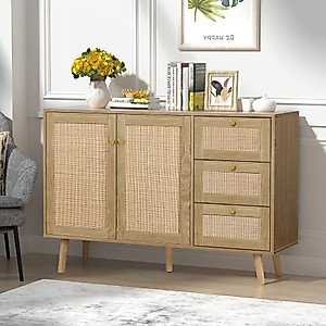 Anmytek Rattan Sideboard Buffet Cabinet with 2 Doors and 3 Drawers, Buffet Cabinet with Storage Wood Credenza Storage Cabinet for Living Room Dining Room Hallway Kitchen, Natural Oak H0088