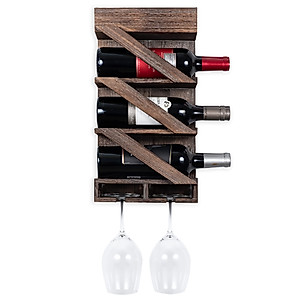 Rustic State Rioja Wall Mount Wood Wine Rack with 2 Glass & 3 Bottle Holder, Stemware Shelf, Cork Storage - Corkscrew Holder for Champagne, Red & White Wine - Home, Kitchen, Dining Room Bar Décor