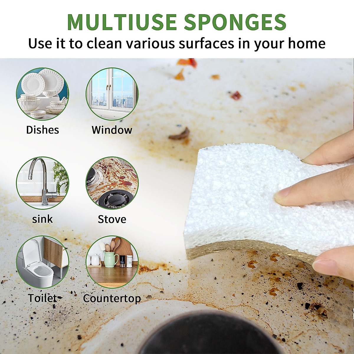 KICKLEEN 9 Pack Biodegradable Natural Kitchen Sponge - Compostable Cellulose and Coconut Walnut Scrubber Sponge - Eco Friendly Sustainable Sponges for Dishes