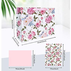 MUNILAIL 13 Inches Large Gift Bag for Women Flower Gift Bag with Handle Tissue Paper and Greeting Card for Birthday Wedding Bridal Shower Party Large Pink Paper Gift Bag