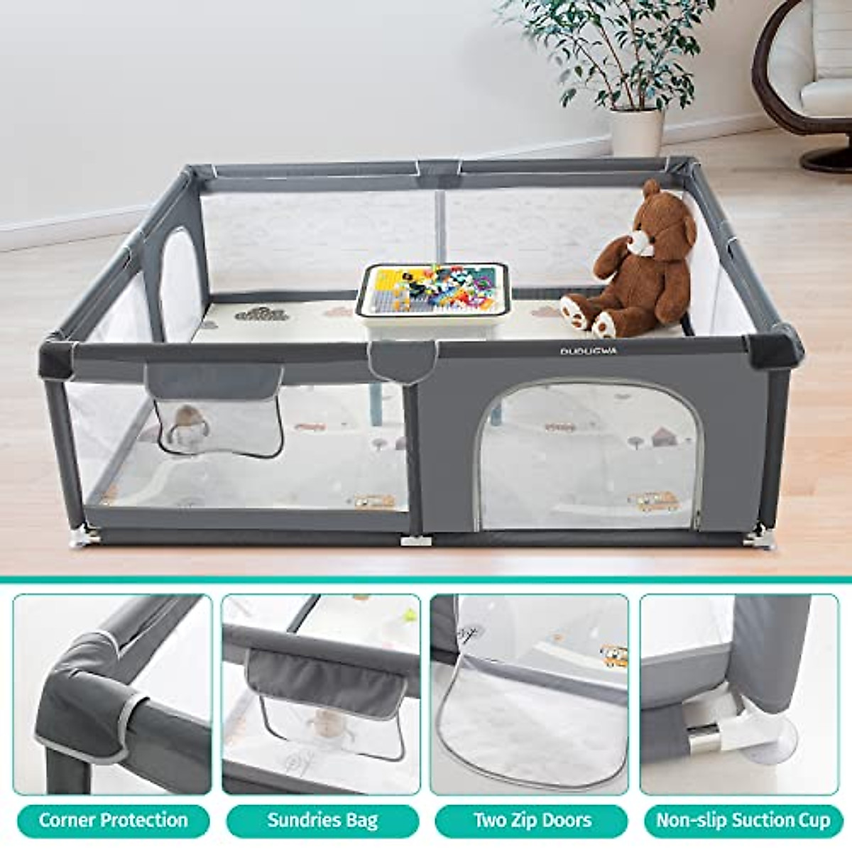 DUDUGWA Baby Playpen, Baby Playard, Large Playpen for Babies and Toddlers with Soft Visiable Mesh, Indoor & Outdoor Kids Activity Play Center with Anti-Slip Suckers and Zipper Gate, Grey, 78.7×71×26in