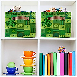 ALAZA Happy St.Patrick's Day Clover Leaf Plaid Foldable Storage Box Storage Basket Organizer Bins with Handles for Shelf Closet Living Room Bedroom Home Office 2 Pack