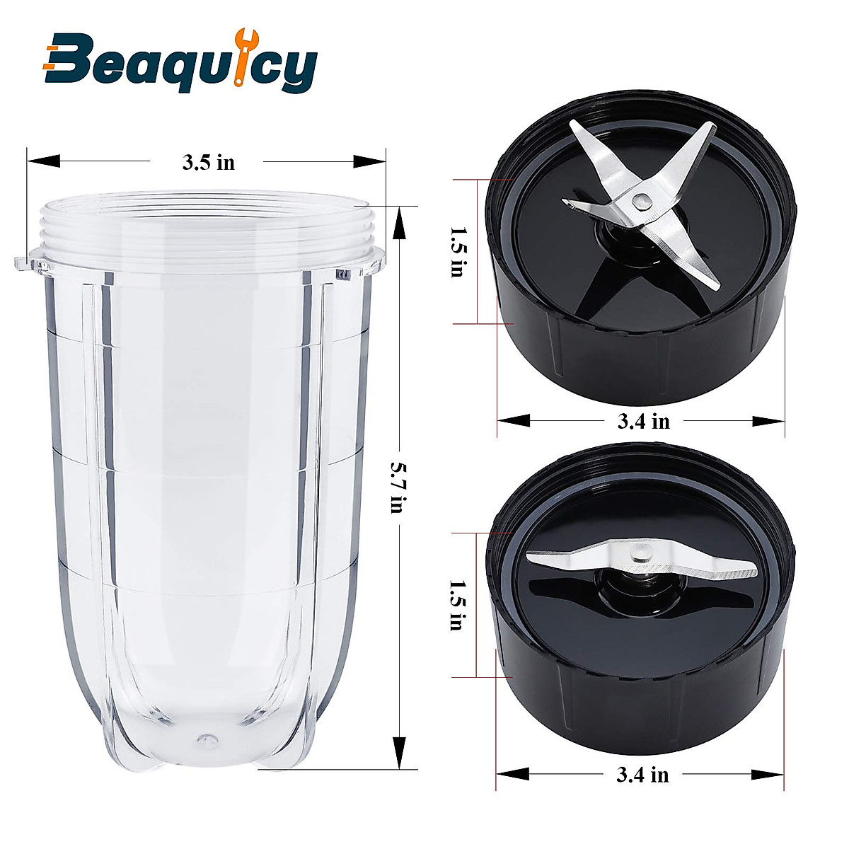 Beaquicy 2 Pack 16oz Cup with Cross Blade and Flat Blade Combo - Replacement for Mag-ic Bullet Blender Juicer 250W MB1001