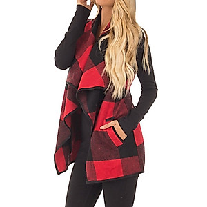 YACUN Women Buffalo Plaid Vest Lapel Open Front Sleeveless Cardigan Jacket Coat Outerwear with Pockets Red S