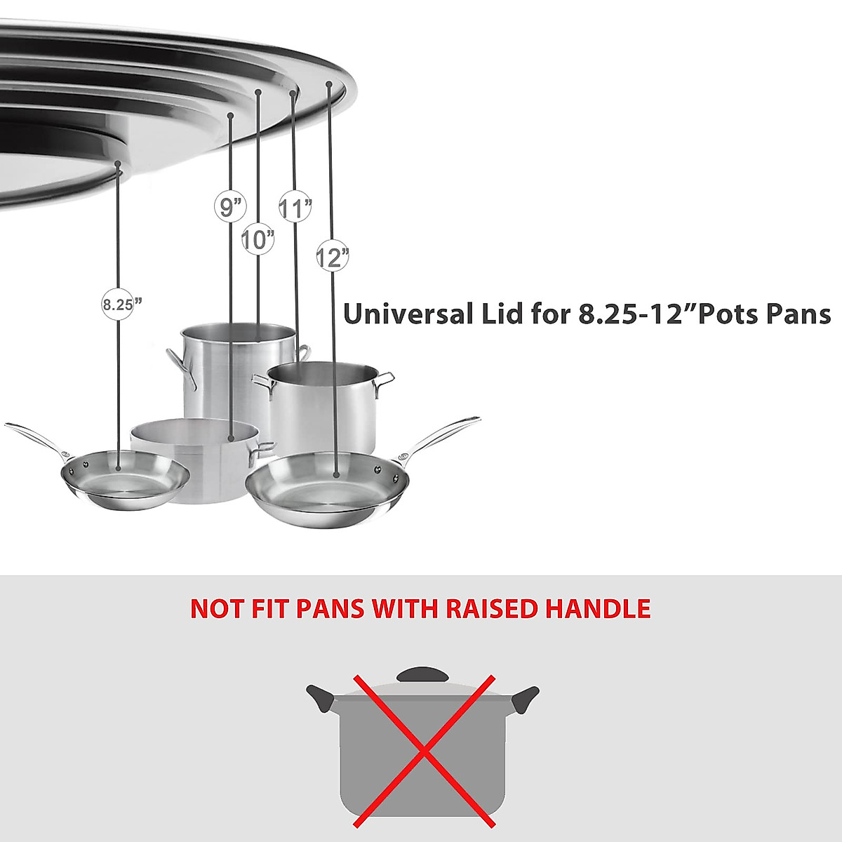 WishDirect Universal Lid for Pots Pans and Skillets - One Lid Fits All 8.25-12 Inch Pots Frying Pans Skillets Woks, Replacement Pot Lid with Upgraded Heavy Duty Heat Resistant Silicone Handle, Gray