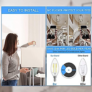 Candelabra LED Bulb, E12 Small Light Bulbs 5000K Daylight Dimmable - 60W Equivalent Ceiling Fan Bulbs Type B Edison Filament Candle Bulbs,Honesorn C35 B11 Clear Glass Chandelier Bulbs 600LM,Pack of 6