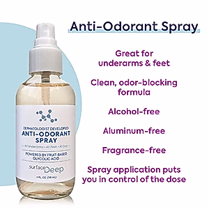 Surface Deep • Anti-Odorant Spray • Dermatologist Developed, Aluminum Free, Clean, Glycolic Powered • Underarm and Foot Natural Spray Deodorant for Women and Men • Vegan • Cruelty Free • 4.0 oz