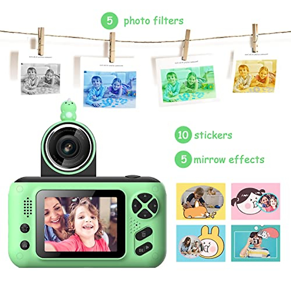 Kids Camera, Kids Digital Camera, HD Digital Video Cameras with Flip Lens Camera for Toddler,Christmas Birthday Gifts for Boys and Girls Portable Toy for Age 3-9 Childrens with 32GB SD Card-Green