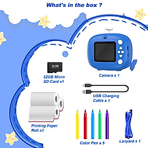 USHINING Kids Camera Instant Print Camera for Boys Girls Selfie Digital Camera for Kids Aged 3-12 Printing Video Camera for Kids 1080P 2.4 Inch Screen with 32GB SD Card,Color Pens,Print Papers(Blue)