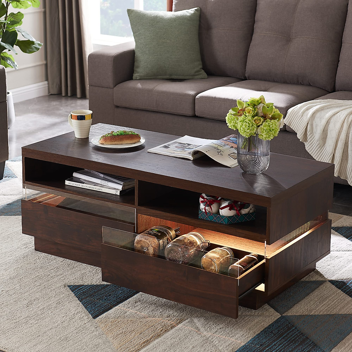 T4TREAM 48" LED Coffee Table with Storage, Modern Center Table with LED Lights & Power Strip, Coffee Table with Drawers for Living Room, Easy Assembly, Dark Walnut