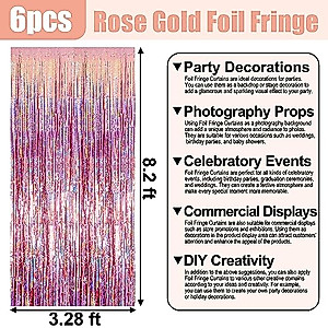 6 Pack Rose Gold Foil Fringe Curtain Backdrop, 3.28Ft x 8.2Ft Metallic Tinsel Foil Fringe Streamer Curtains for Photo Booth, Christmas, Halloween, Birthday, Wedding Party Decorations