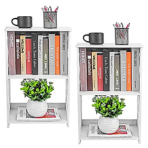 BYFU 3-Tier Side Table Set of 2, Narrow End Table with Storage Shelf, White Nightstand Bedside Table Small Bookshelf Bookcase Display Rack for Bedroom Bathroom Living Room Office