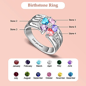 Sterling Silver Personalized Mothers Rings Gifts with 5 Simulated Birthstones Custom Family Name Ring Jewelry for Women Mom Grandmother for Mother’s Day Christmas