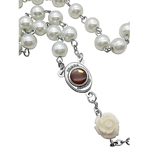 Nazareth Store White Pearl Beads Rosary Roses Mystery Beads Prayer Necklace Our Rose Lourdes Medal and Cross Crucifix