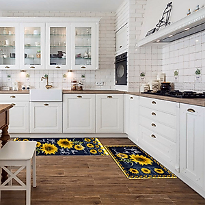 Sunflower Kitchen Rugs and Mats Set of 2 Area Runner Farm Floral Floor Bath Rugs Comfort Soft Standing Doormat Non Slip Carpet Black and Yellow