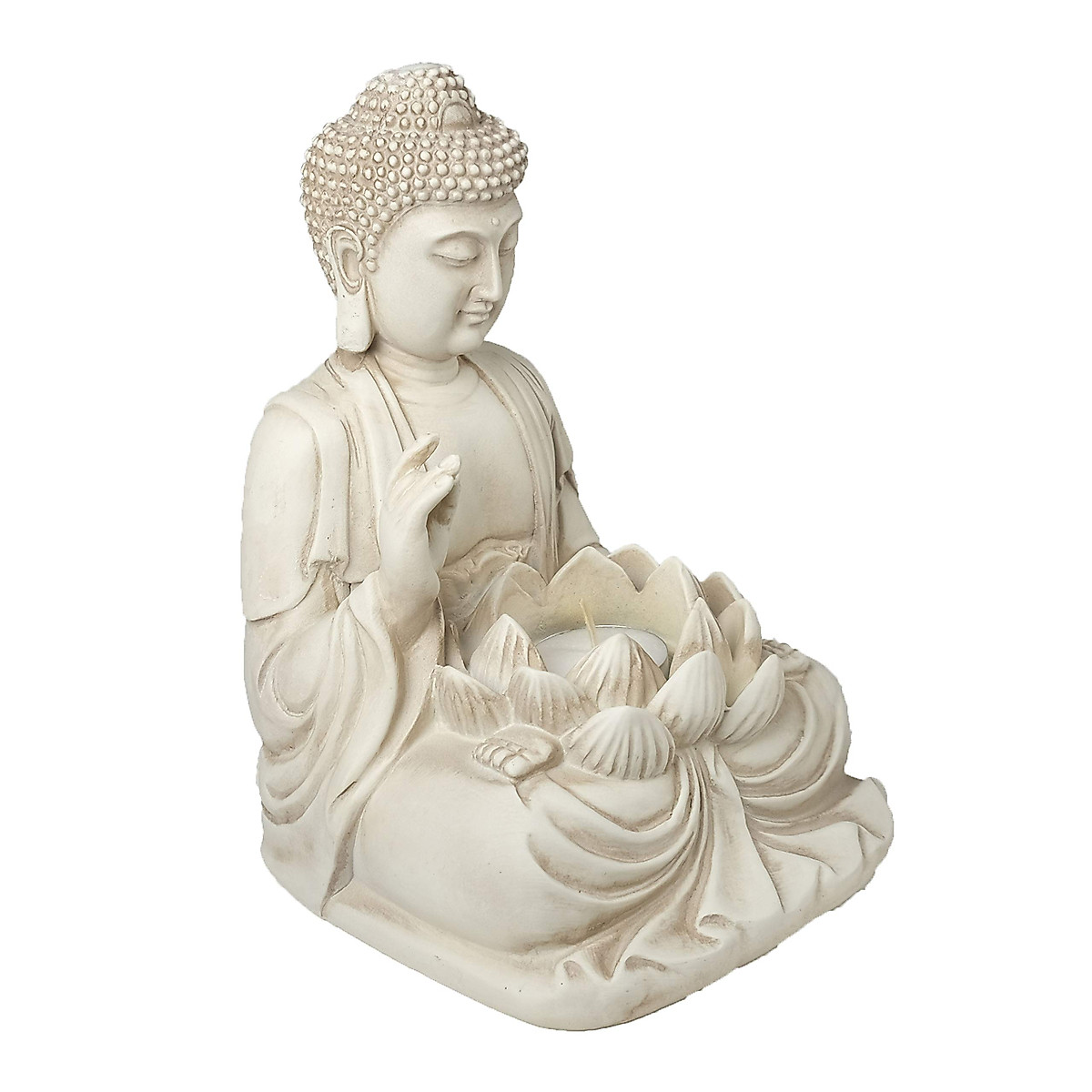 Bella Haus Design Buddha Tealight Candle Holder Statue – 8.5” Tall Polyresin - Zen Home and Garden Decor - Includes 3pcs Tea Lights and Free Candle Snuffer for Office, Indoor, Outdoor Decoration