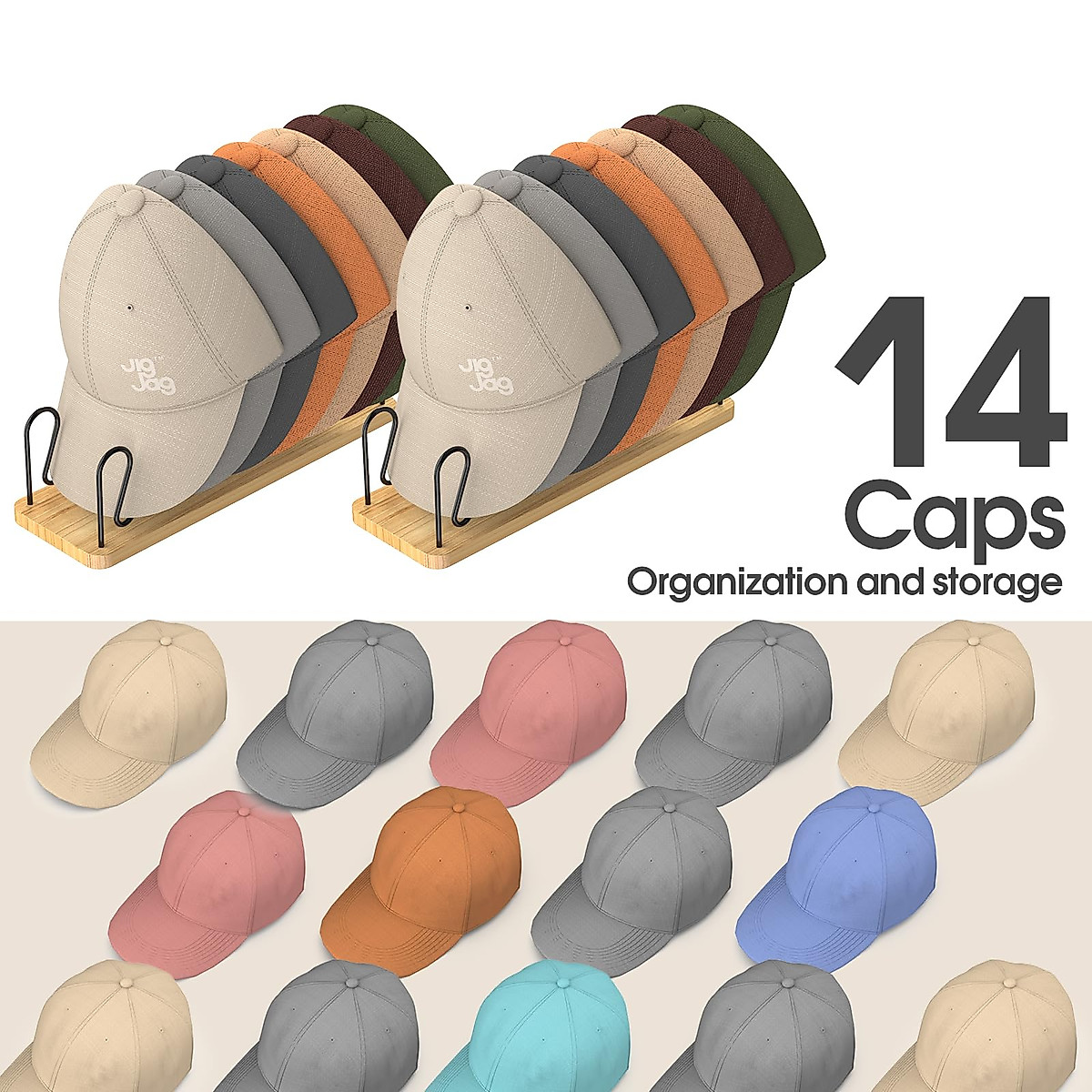 JigJag Hat Organizer for Baseball Caps 2 Pack, Premium Wood and Metal Design Hat Storage for Baseball Caps for 14Caps, Tabletop Hat Racks for Baseball Caps for Closet, Dresser, Entrance (2PCS)