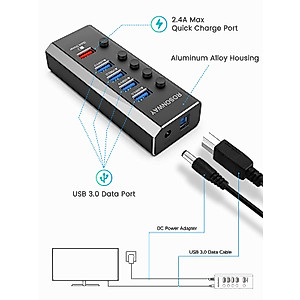Powered USB Hub Rosonway Aluminum 5 Port USB Hub Expander with 4 USB 3.0 Data Ports and 1 Fast Charging Port, USB Hub 3.0 Splitter with 24W(12V/2A) Power Adapter and Individual Switches (RSH-A35)