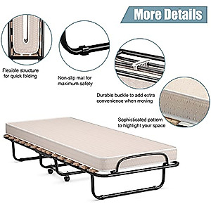 Giantex Folding Bed with 3" Mattress for Adults, Made in Italy, Rolling Foldaway Guest Bed, Memory Foam Mattress, Sturdy Metal Frame, Cot Size Portable Foldable Hideaway Bed, Easy to Store (Beige)