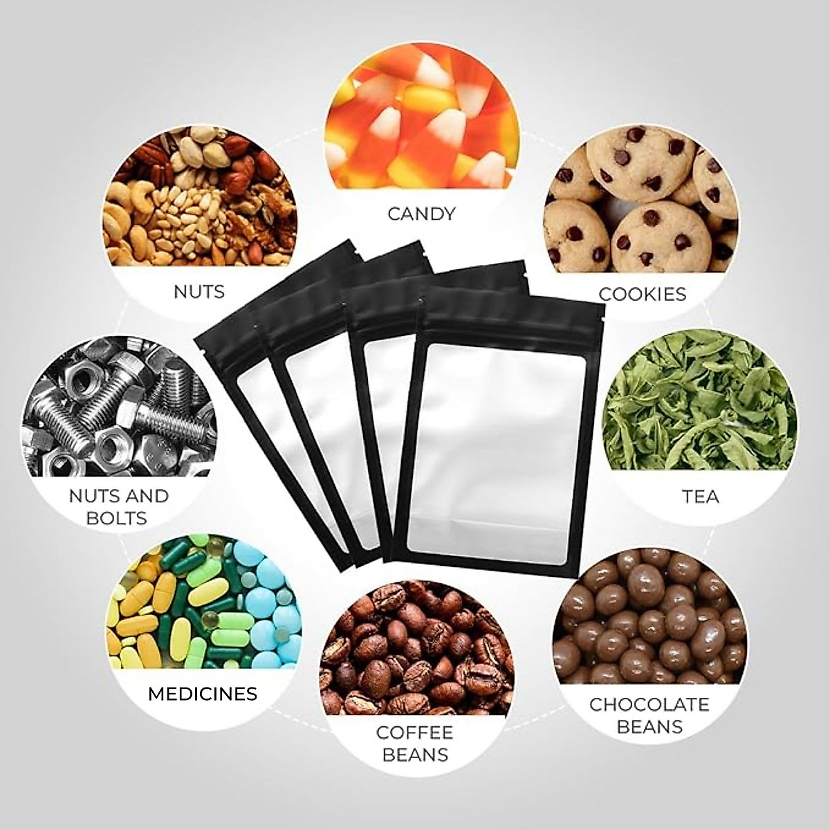 COLSEN 3 x 4 Inches 400 Pack (28 g or 1 oz) Smell Proof Mylar Resealable Foil Pouch Bags - Food Storage Airtight Multi Purpose Zipper Candy Bags for Small Business (Matte Black with Clear Window)