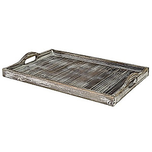 MyGift Rustic Torched Solid Wood Large Serving Tray with Cutout Handles with Slatted Design, Breakfast Ottoman Coffee Table Tray, 16 x 11 Inches