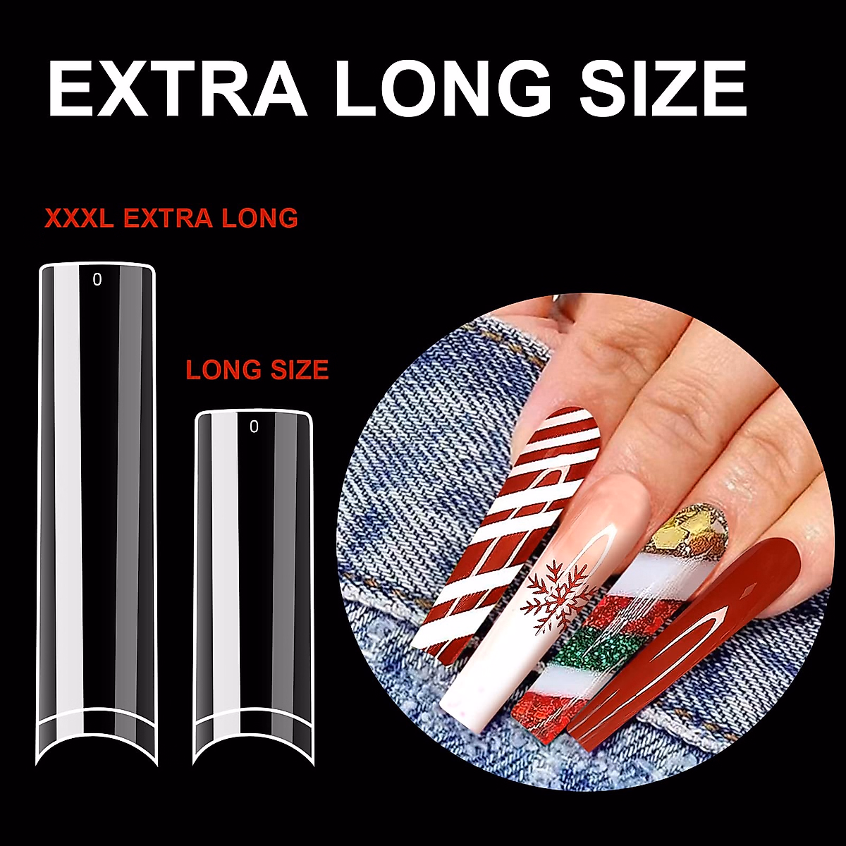 Spohom 504pcs No C Curve Nail Tips for Acrylic Nails Professional, 3XL Extra Long Clear Nail Tips Half Cover Square Shape, 12 Sizes Straight Tapered Square Fake Acrylic Nail Tips For Nail Extension Nail Art, Salon&Home DIY