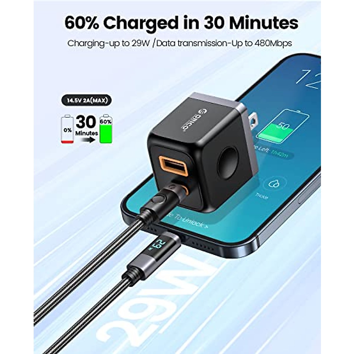 ORICO USB-C to Lightning Cable, 29W PD Syncing Cord LED Display Fast Charging, High Speed Data Transfer Cord Compatible with iPhone 13 12 11 Pro Max XS XR X 8 7 Plus AirPods Pro and More