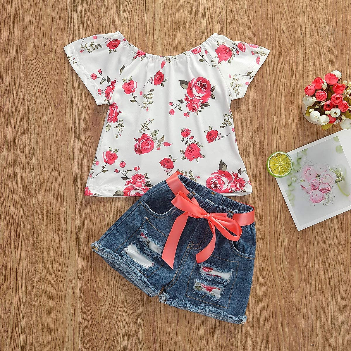 Bmnmsl Baby Toddler Girls Floral Short Sleeve Tops T-Shirt Vest & Denim Shorts Set Kids 1T 2T 3T 4T 5T 6T Clothes Summer Outfits (1, 3T)