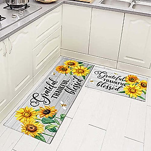 PRUKIVRA Kitchen Rugs and Mats,Non Skid Washable,Sunflower on Light Wood,Set of 2,Anti-Fatigue Comfort Standing Mat for Floor, Office, Sink, Laundry(17"x60"+17"x30")