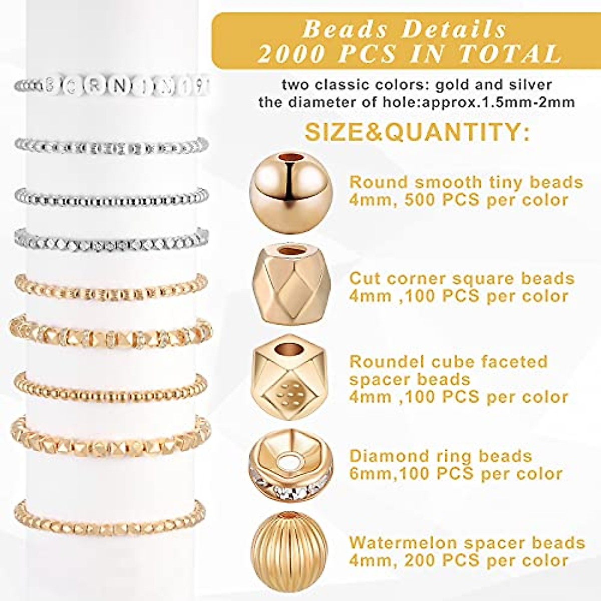 2000 Pieces DIY Assorted Spacer Bead Set Round Smooth Tiny Bead Diamond Ring Bead Cube Faceted Spacer Bead Corner Square Bead Loose Jewelry Bead for Bracelet Earring Necklace DIY Jewelry Craft Making