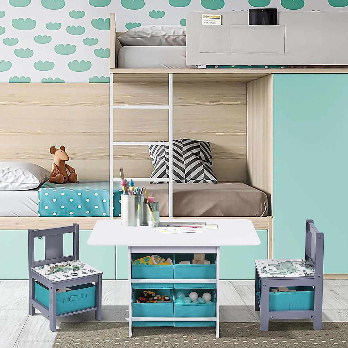 LuxenHome Kids Art Play Activity Table with Storage Shelf and Chair Set with Storage Baskets for Toddlers Drawing, Reading, Crafts, Play, Blue & Gray