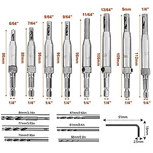 Bestgle 16 in-1 Center Drill Bit Set, 8pcs 1/4" Hex Shank Self Centering Hinge Hole Drilling Tool Kit for Woodworking Window Door Hinge with 1 Hex Key & 8 Replacement Drill Bits & Plastic Storage Case