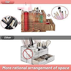 sitanes Hair Tool Organizer, Farmhouse Hair Dryer & Styling Supplies Holder Countertop with Jewelry Storage Drawer, Wooden Blow Dryer Holder with 2 Heatproof Cups, Curling & Flat Iron Holder