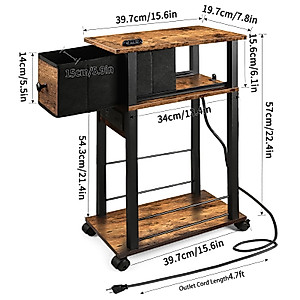 DGSANDGO Side Table with Charging Station and Drawer, Narrow End Table with USB Ports and Outlets for Small Space, Living Room, Bedroom and Office, with 4 Wheels Rustic Brown and Black