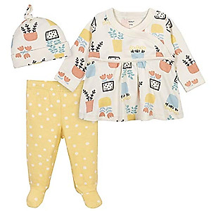 Gerber Baby Girls 3-Piece Shirt, Footed Pant, and Cap Set, Yellow/Ivory, Newborn