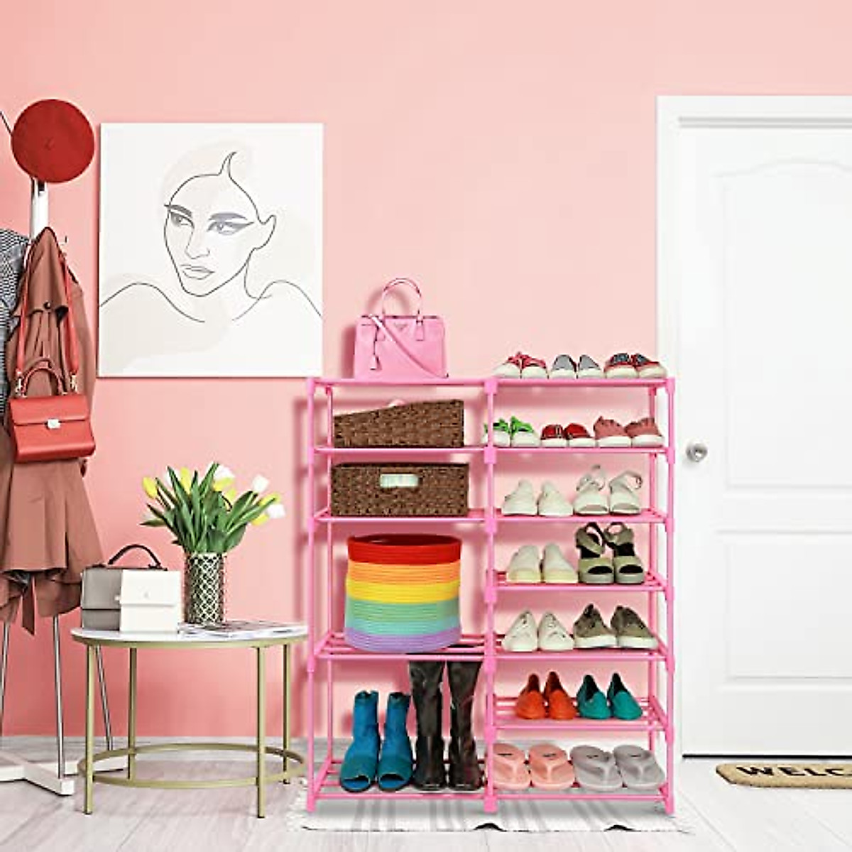 LNYZQUS 7-Tier Large Pink Shoe Rack, 24-30 Pairs Tall Shoe Organizer Shoe Shelf,Kids Shoe Stand Boots Organizer For Garage Closet Entryway
