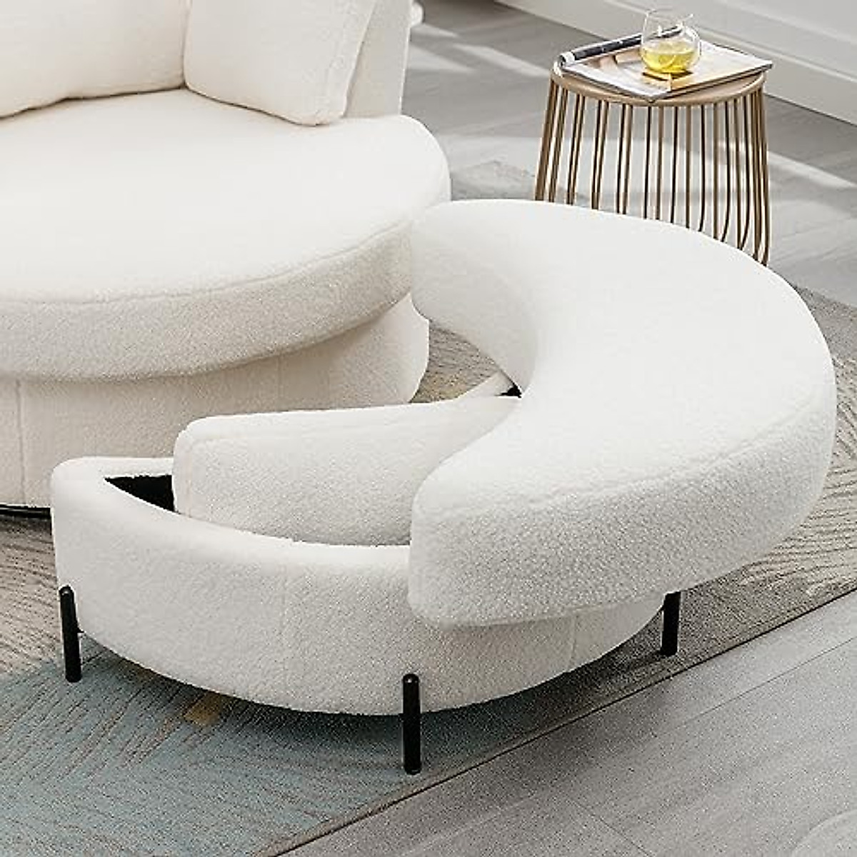 360° Swivel Accent Barrel Chair and Half Crescent Moon Storage Bench Large Ottoman with 4 Pillows,Upholstered Oversized Leisure Round Loveseat Recliner Sofa Chaise Lounge Circle Armchair for Club