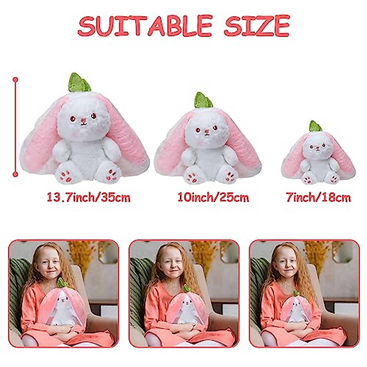MIAODAM Bunny Stuffed Animal Reversible Cuddle Bunny Stuffed,Strawberry Bunny Transformed Rabbit Plush Zipper,Carrot That Turns Into Ears Bunnies Plushies Toy Cute Stuffy Doll Easter Girlfriend Gift