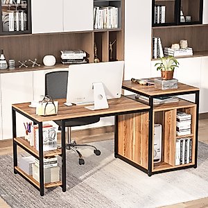 Tribesigns Extra Large 70 inches Computer Desk with Storage Shelf, Home Office Desk with Printer Stand & Cabinet Bookcase Combo, Writing PC Table with Space Saving Design,Dark Walnut