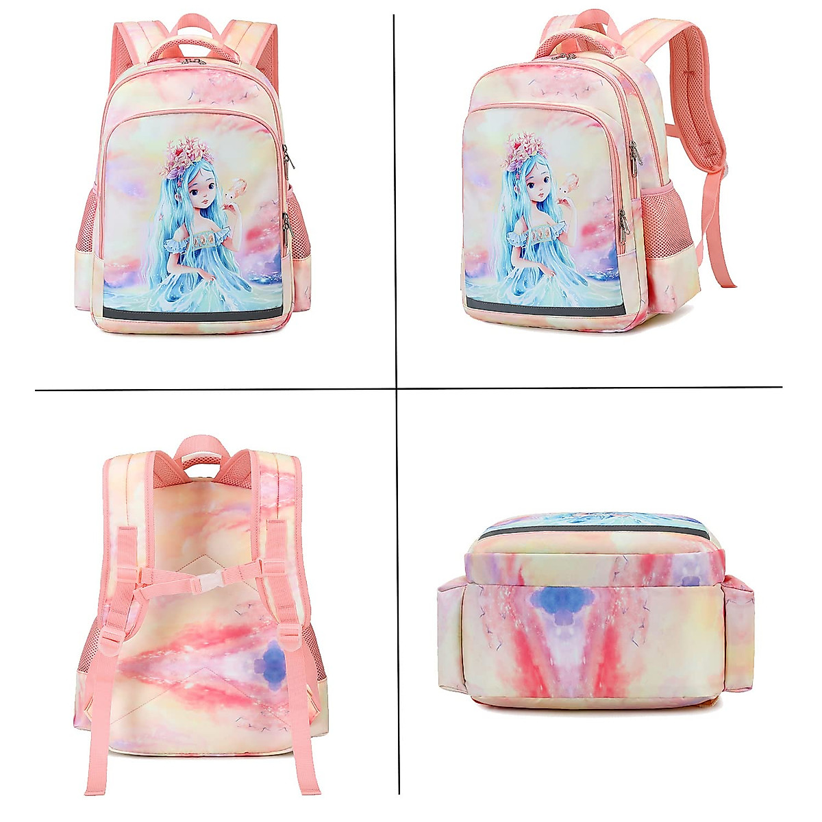 Princess Backpack For Girls,Kids School Backpack Kindergarten Book Bag Set With Lunch Box (Green-Princess)