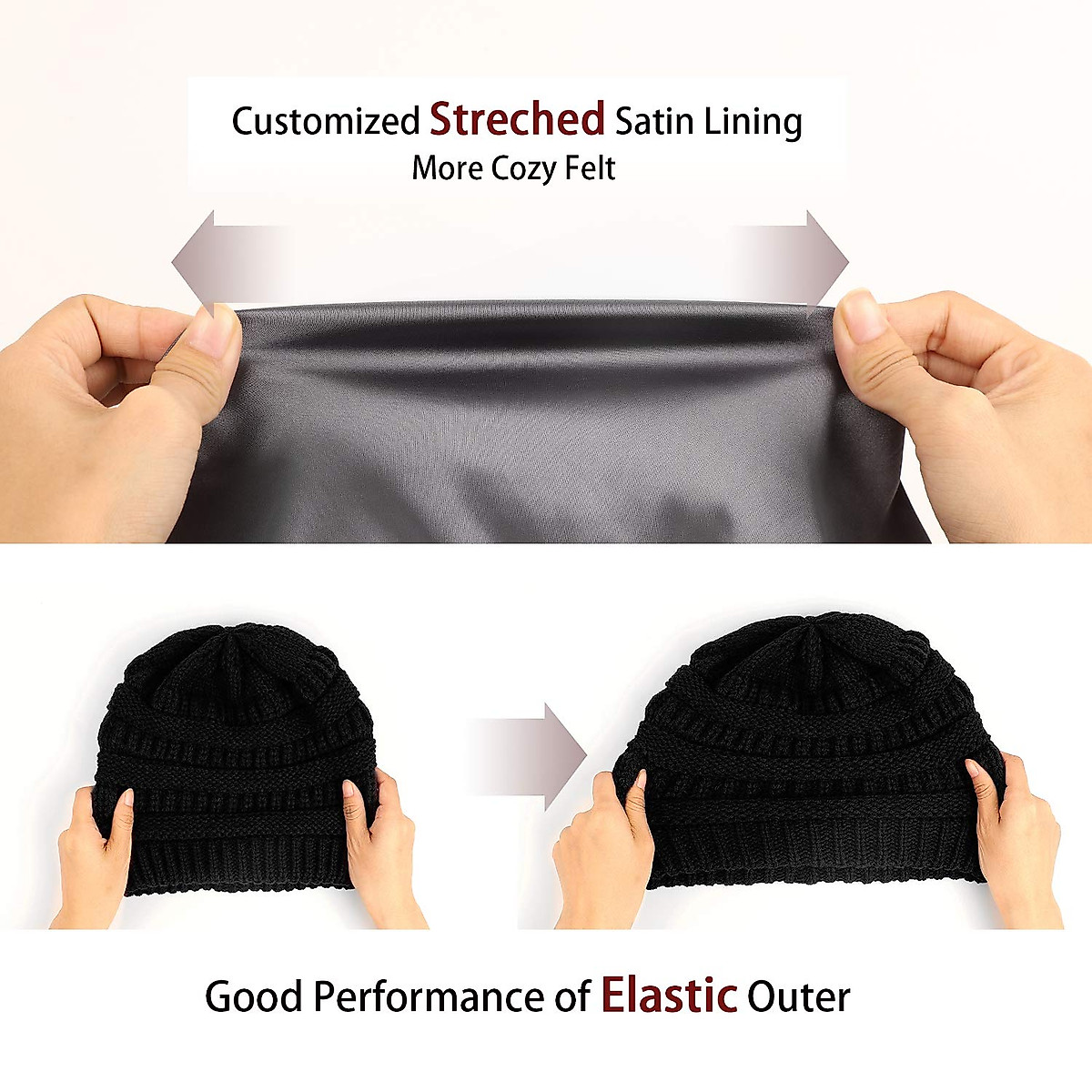Winter Knit Beanie Hat for Women Men Satin Lined Cable Thick Slouchy Warm Cap Black
